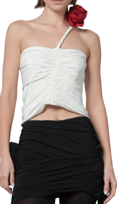 Magda Butrym White Draped Bandeau Top with Rose Applique · HEWI